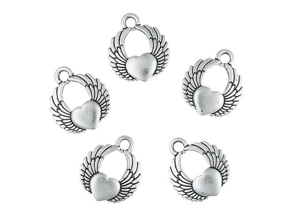 Winged Heart Charms Antique Silver Charms Heart Pendants - Etsy