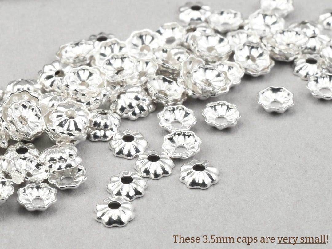 144 Pieces of TINY 3.5mm Fluted Bead Caps - Bright SILVER Beadcap ...