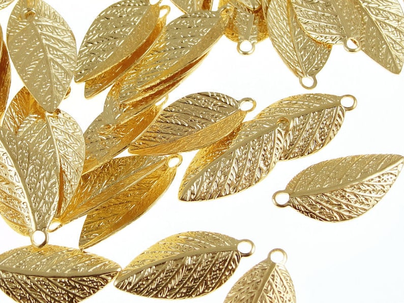 Small Gold Leaf Charms - Plated BRIGHT GOLD Leaves - 15mm X 7mm Golden ...