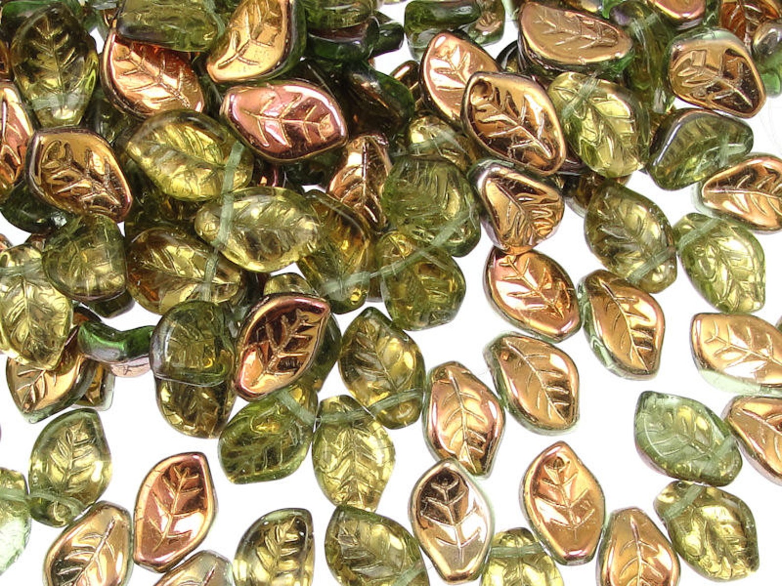 25 Light Green Leaf Beads - 14mm X 9mm Czech Glass Leaves - Peridot ...