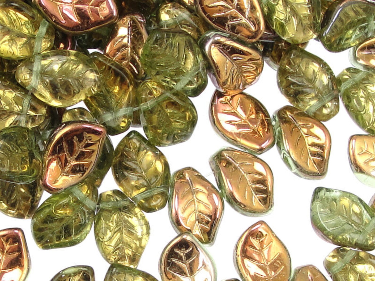 25 Light Green Leaf Beads - 14mm X 9mm Czech Glass Leaves - Peridot ...