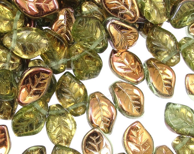 25 Light Green Leaf Beads 14mm X 9mm Czech Glass Leaves Peridot Green ...