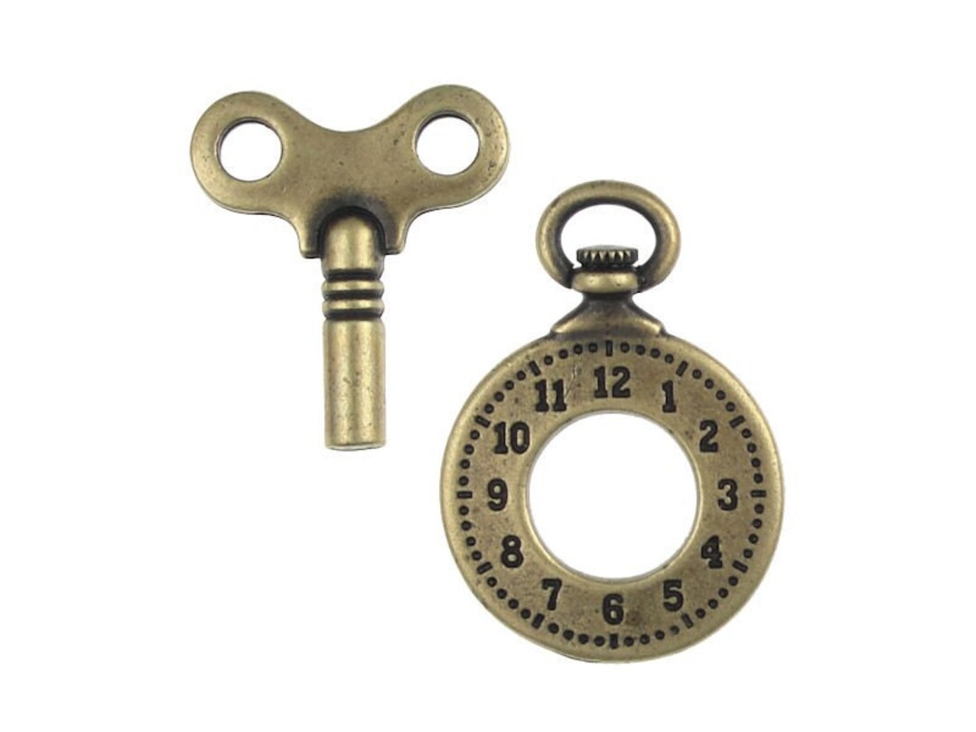 2 Piece Set - Watch Pendant and Winding Key Pendant - Antique Brass ...