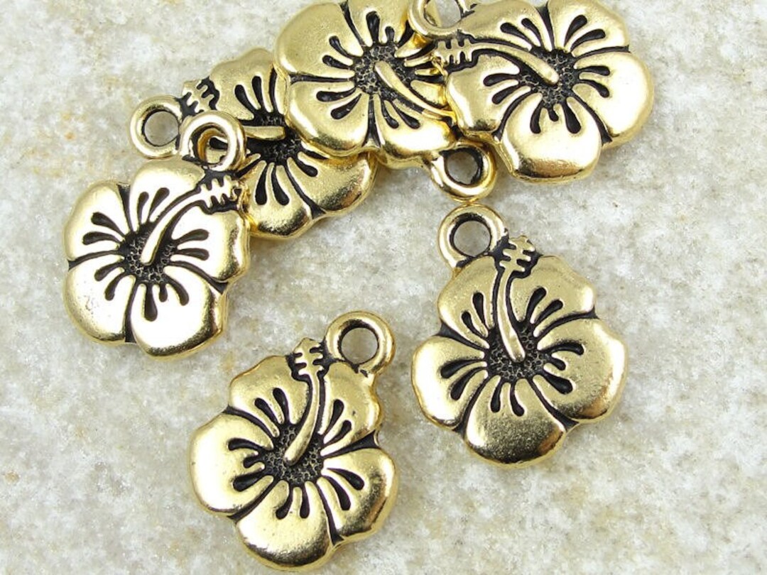 Hibiscus Charm Gold Charms Tierracast Flower Charms Hawaiian Summer Tropical Small 17mm X 14mm ...