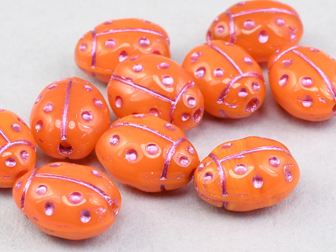 10 Pieces of Orange Glass Ladybug Beads - 9.5mm X 7.5mm Orange Opaline ...