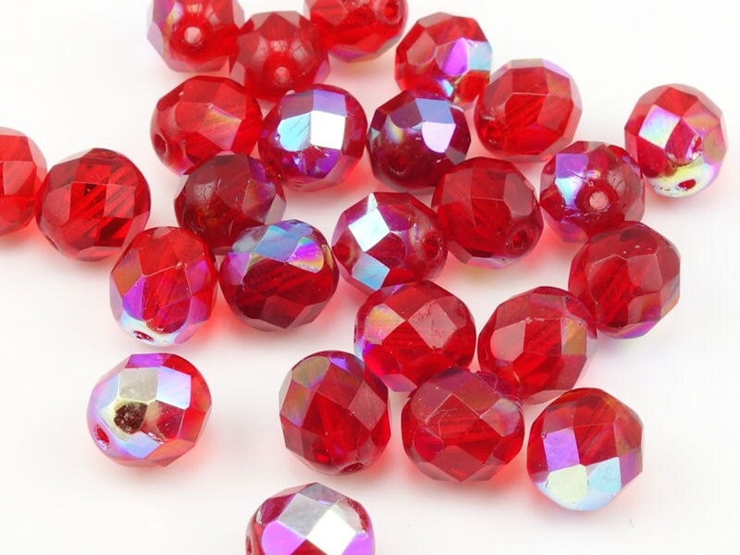 25 8mm Siam Red Beads SIAM RUBY AB Czech Glass Firepolish Beads 8mm ...
