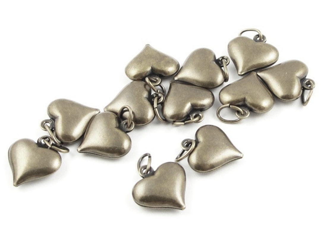 12 Puffed Heart Charms Bronze Antique Brass Charms Aged Solid Brass ...