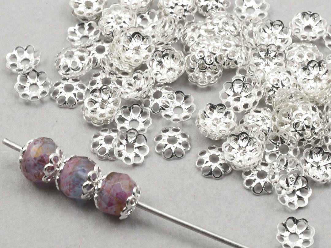144 Pieces of TINY 4mm Bead Caps - Bright SILVER Beadcap Findings ...
