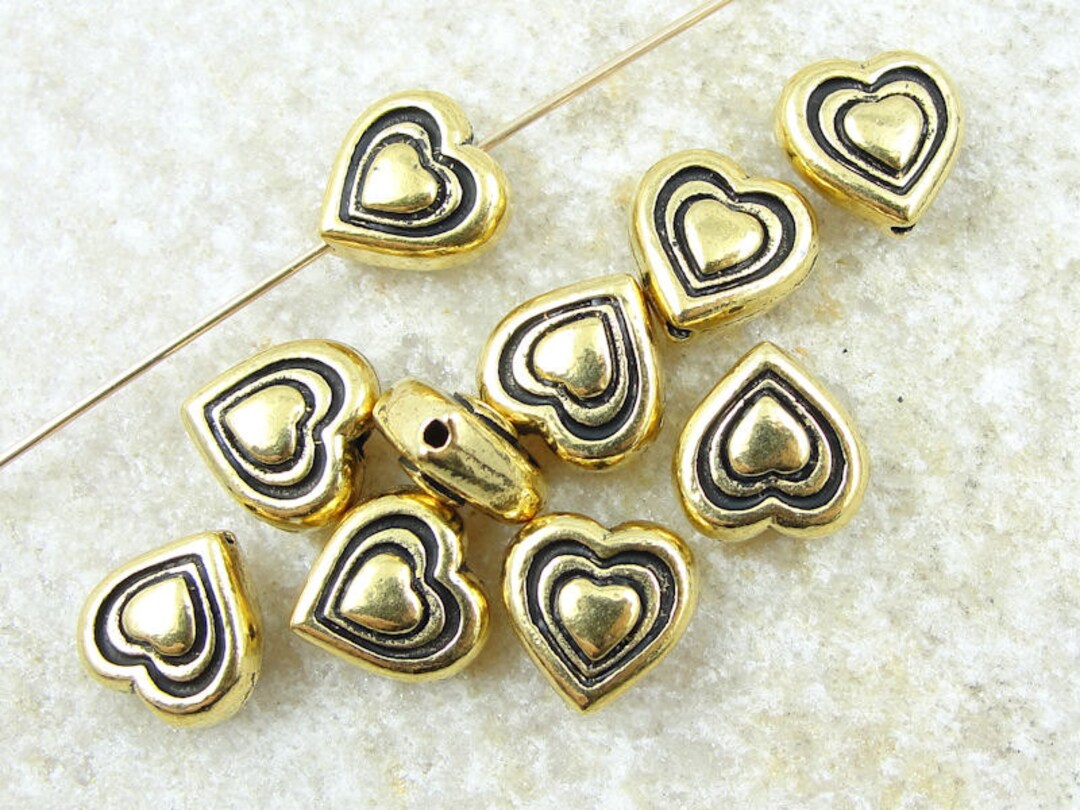 Gold Heart Beads Puffed Heart Antique Gold Beads Tierracast Heart Beads ...