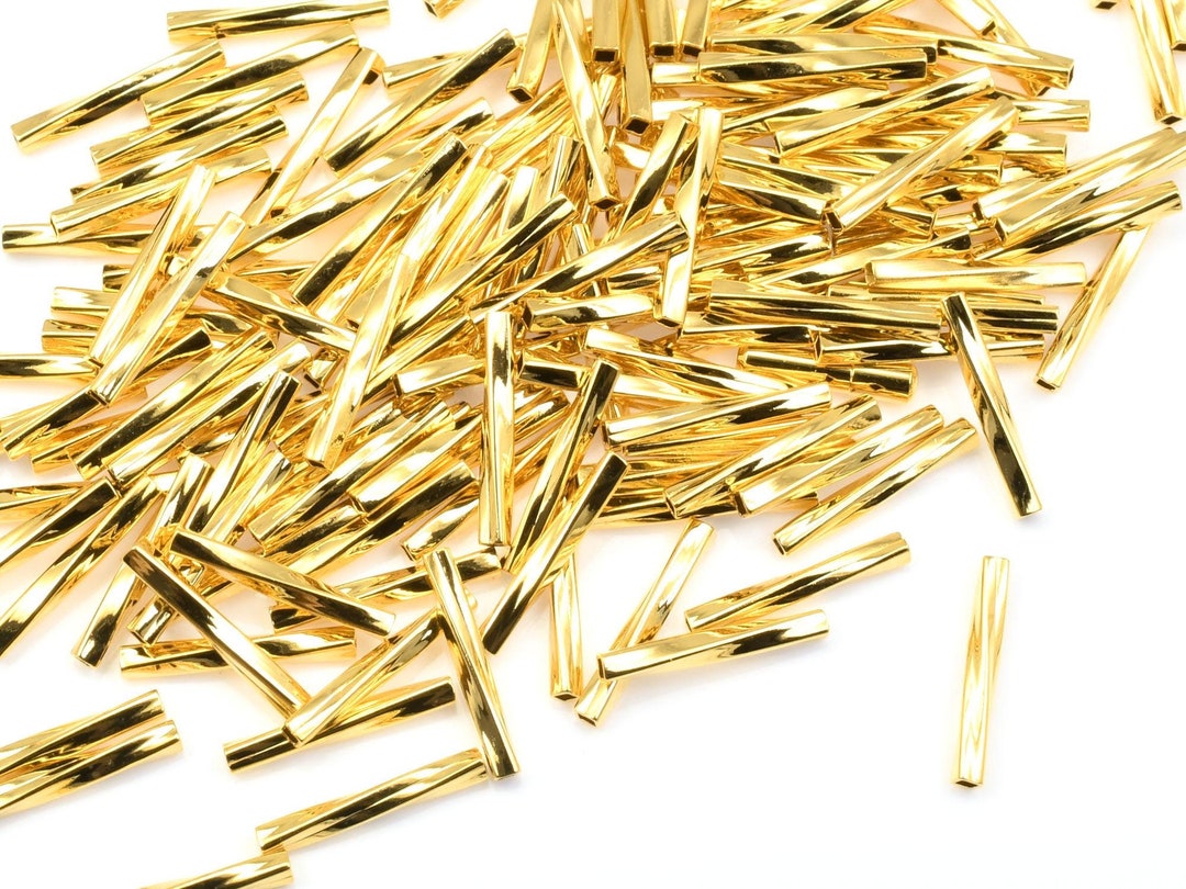 144 Very Thin Twist Tube Beads - Gold Plated 1.2mm X 10mm Twisted Tube ...