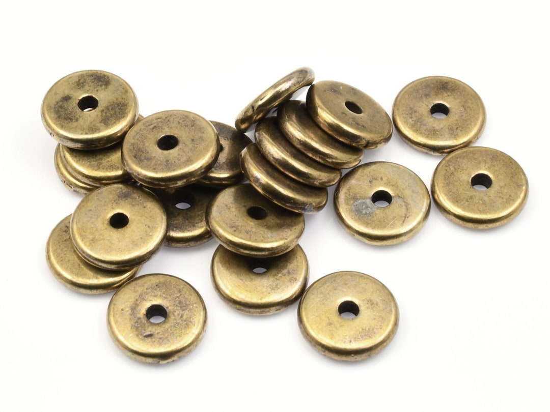 20 Flat Disk Beads - 8mm Antique Brass Beads - Tierracast Disk Beads ...