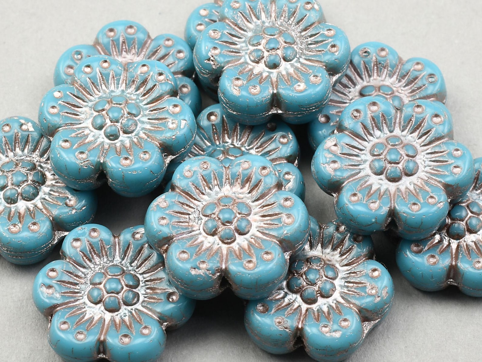 12 Aqua Blue and Silver Rustic Flower Beads - 14mm Wild Rose Czech ...
