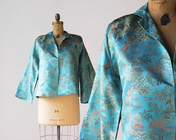 1950s Satin Brocade Jacket / 50s Turquoise Blue Impor… - Gem