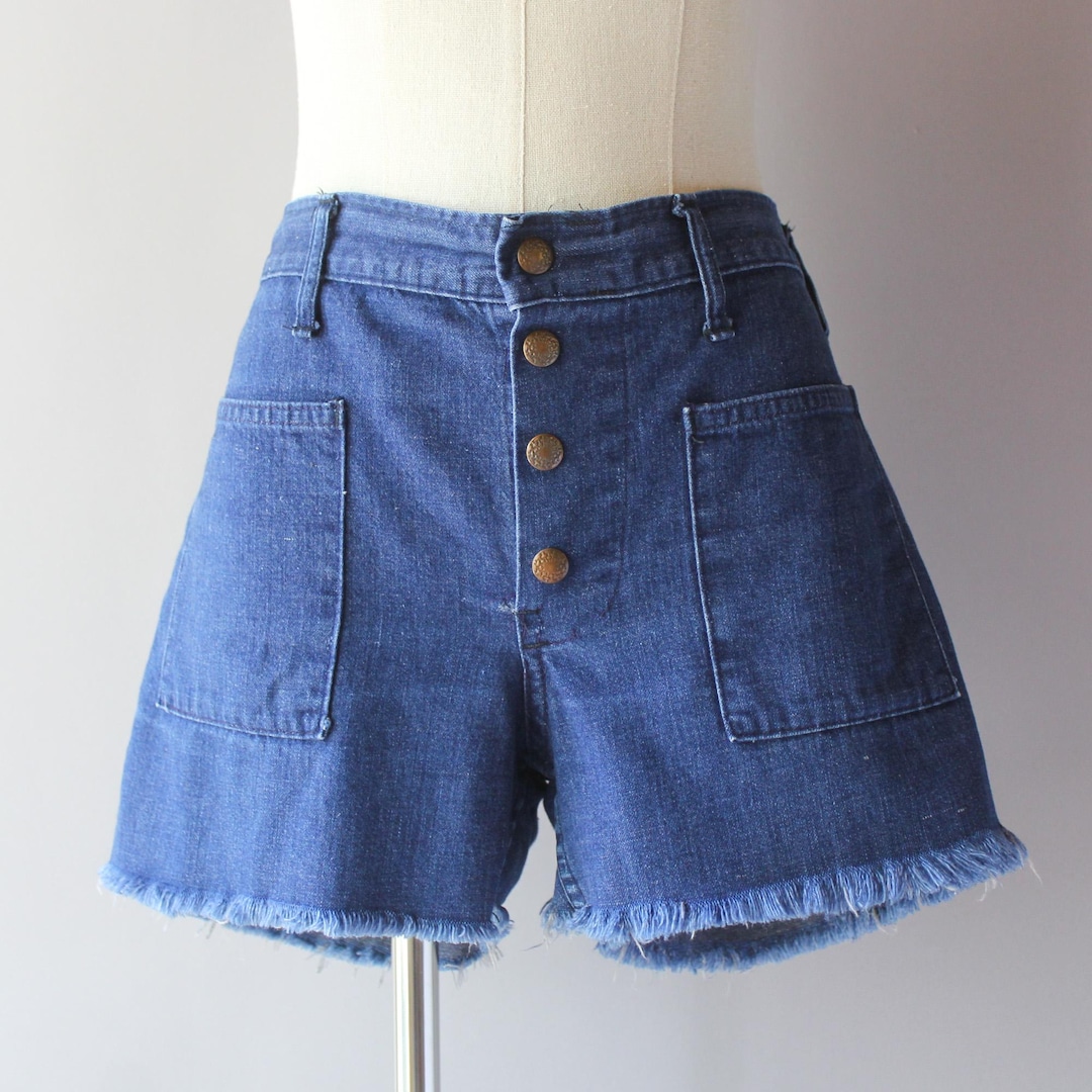 1970s Cutoff Denim Shorts / 70s Mid Rise Exposed Snap Pocketless Rear ...