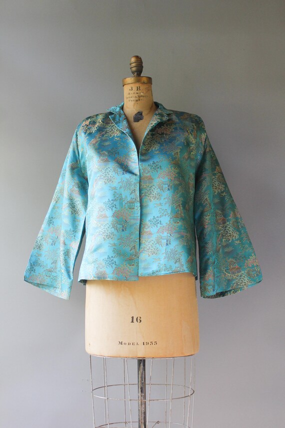 1950s Satin Brocade Jacket / 50s Turquoise Blue Impor… - Gem