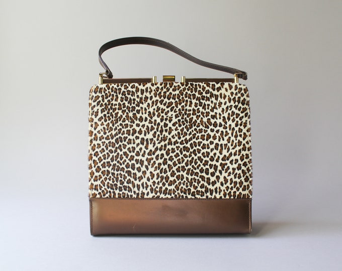 1950s Leopard Print Bag / 50s Vintage Hair Calf Leather Leopard Print ...