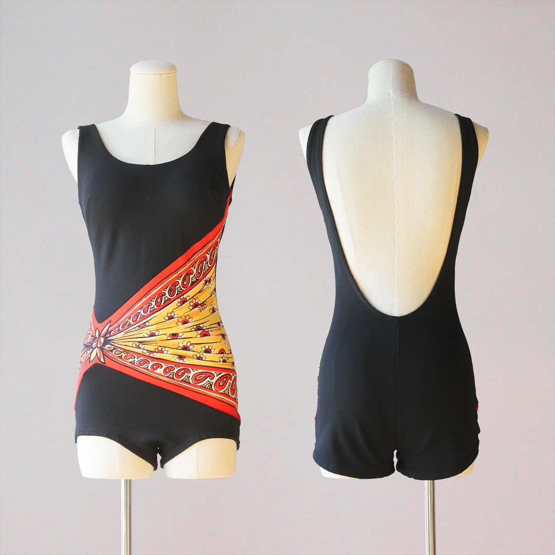 1960s Vintage Swimsuit / 60s Trompe L'oeil Backless Scarf Print ...