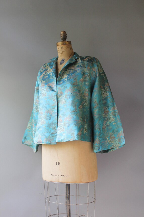 1950s Satin Brocade Jacket / 50s Turquoise Blue Impor… - Gem
