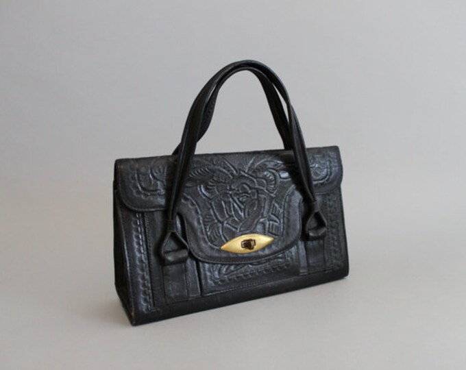 Vintage 50s Bag / 1950s Black Tooled Leather Bag / Leather Hand Bag - Etsy