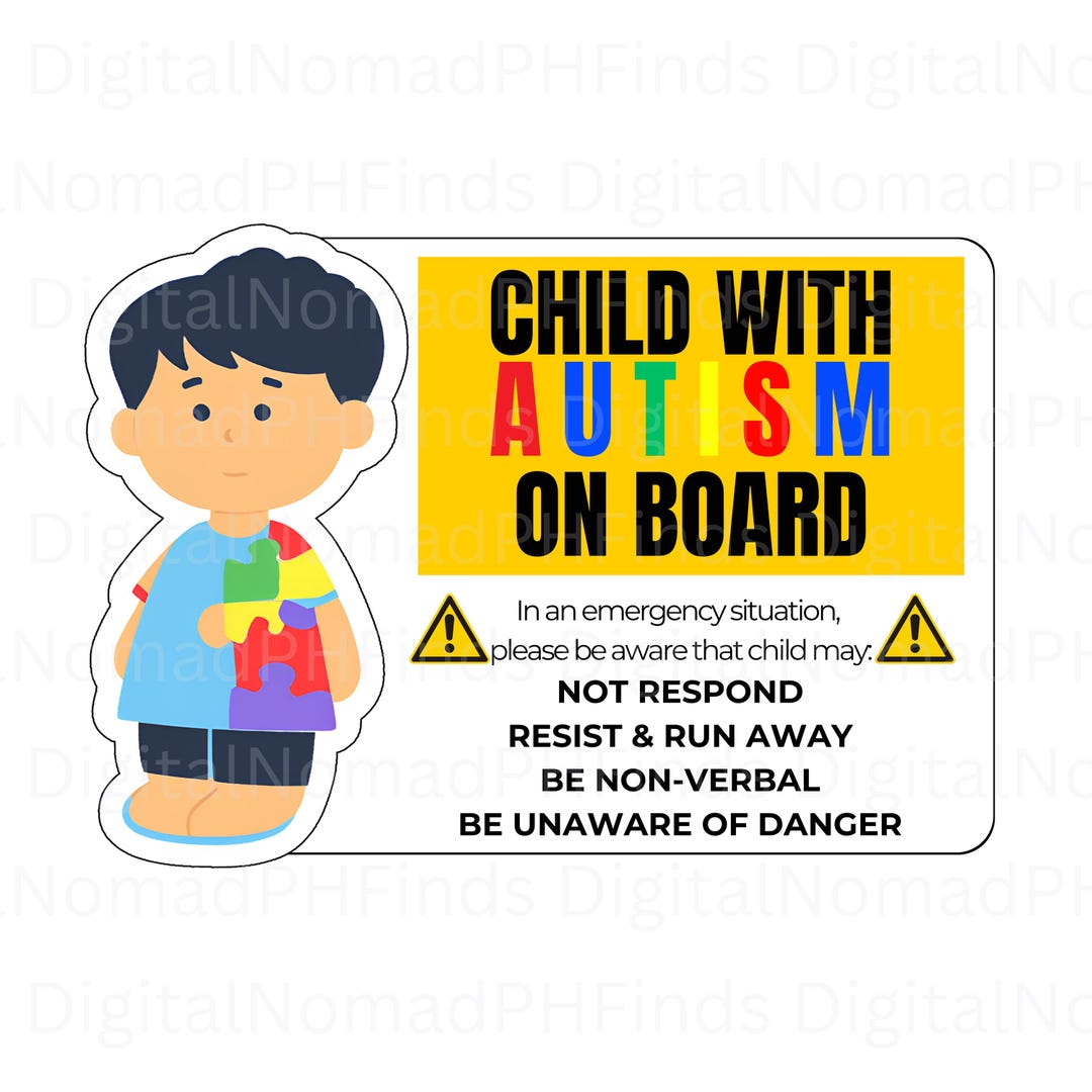 Child With Autism on Board Car Decal Sticker | Emergency Safety Alert ...