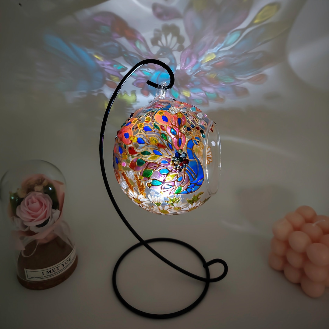 Exquisite Peacock Glass Candle Holder, Tea Light Holder, Hand Painted ...