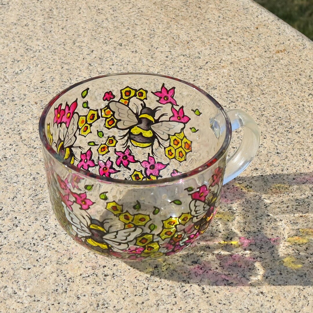 Hand Painted Bumble Bee & Honeycomb Glass Mug - Floral Bee Design ...