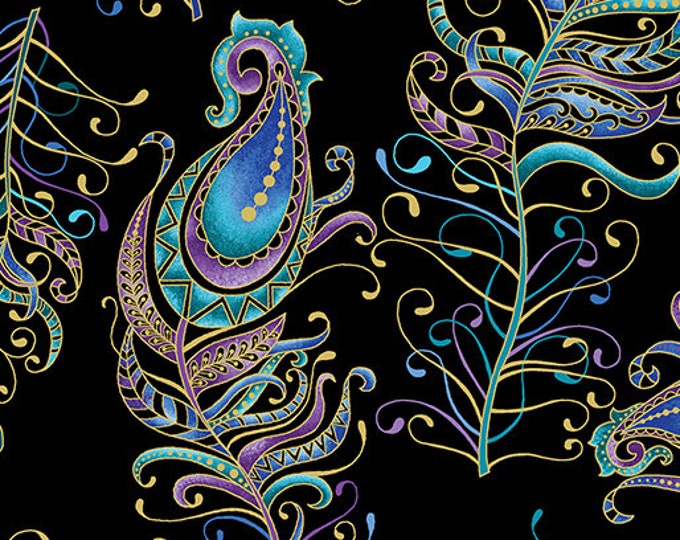 Peacock Flourish Floating Feather Black Benartex Fabric 25 Inches LAST ...