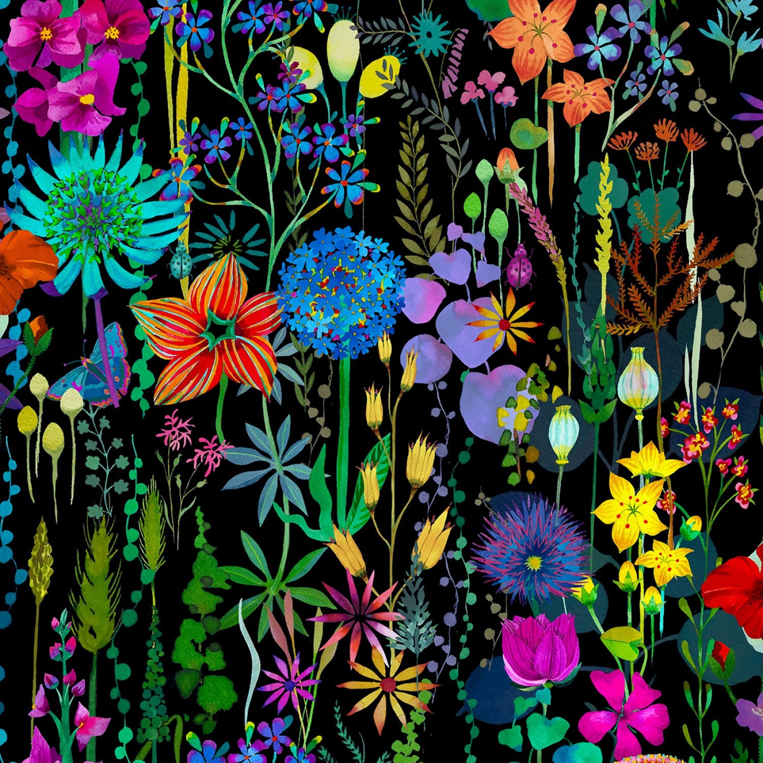 Flora Black Flowers Gardenia Sally Kelly Windham Fabric - Etsy