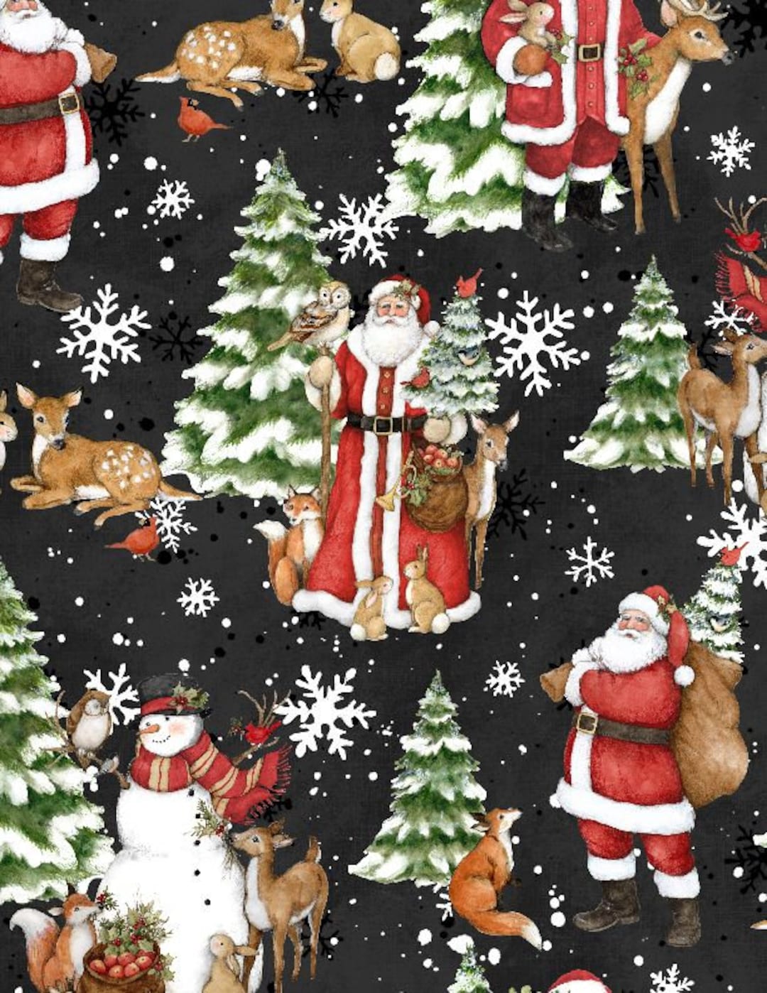 Winter Forest Santa Claus Black Wilmington Fabric - Etsy