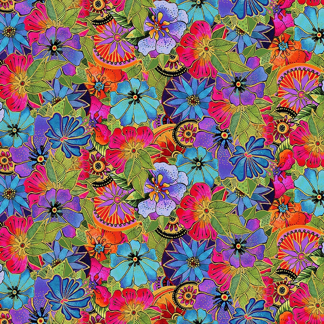 Laurel Burch Packed Floral Earth Song Multicolor Clothworks Fabric 46 ...