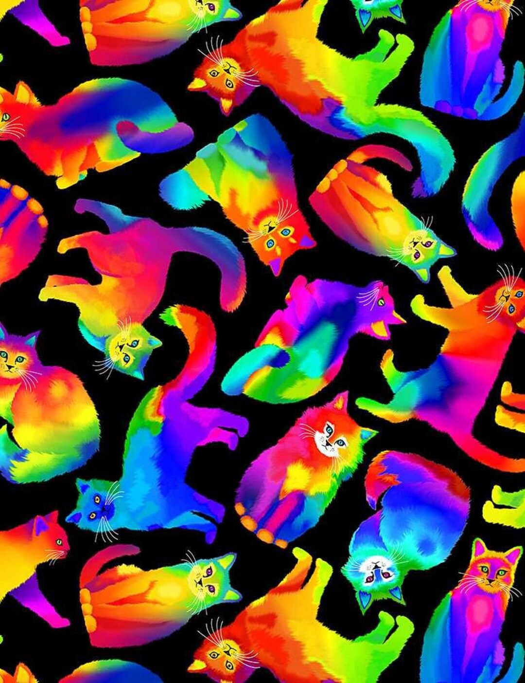 Bright Rainbow Tossed Cats Black Timeless Treasures Fabric 39 Inches ...
