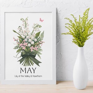 May Birth Month Flower Art Print | Lily of the Valley & Hawthorn ...