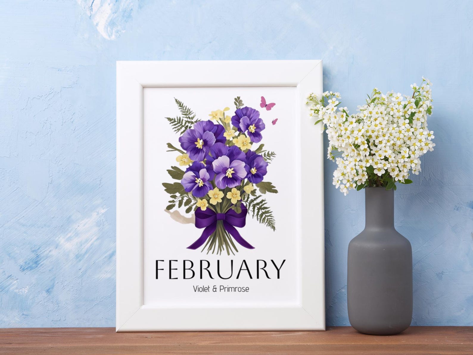 February Birth Month Flower Art Print | Violet & Primrose Bouquet ...