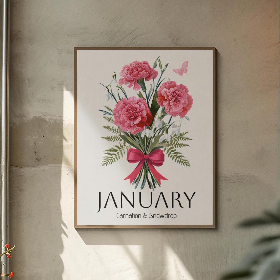 January Birth Month Flower Art Print | Carnation & Snowdrop Bouquet ...