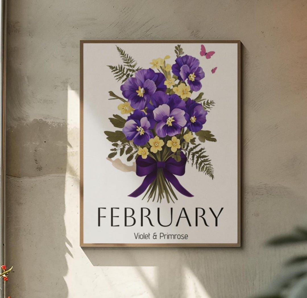 February Birth Month Flower Art Print | Violet & Primrose Bouquet ...