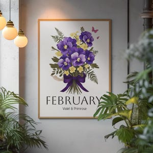 February Birth Month Flower Art Print | Violet & Primrose Bouquet ...