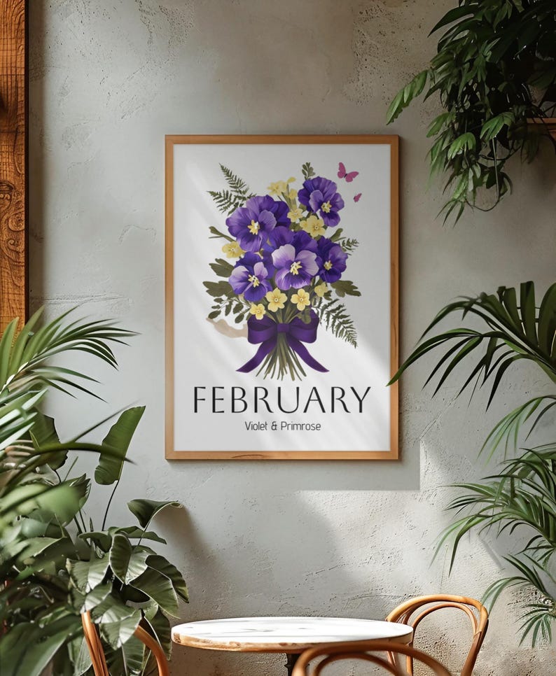 February Birth Month Flower Art Print | Violet & Primrose Bouquet ...