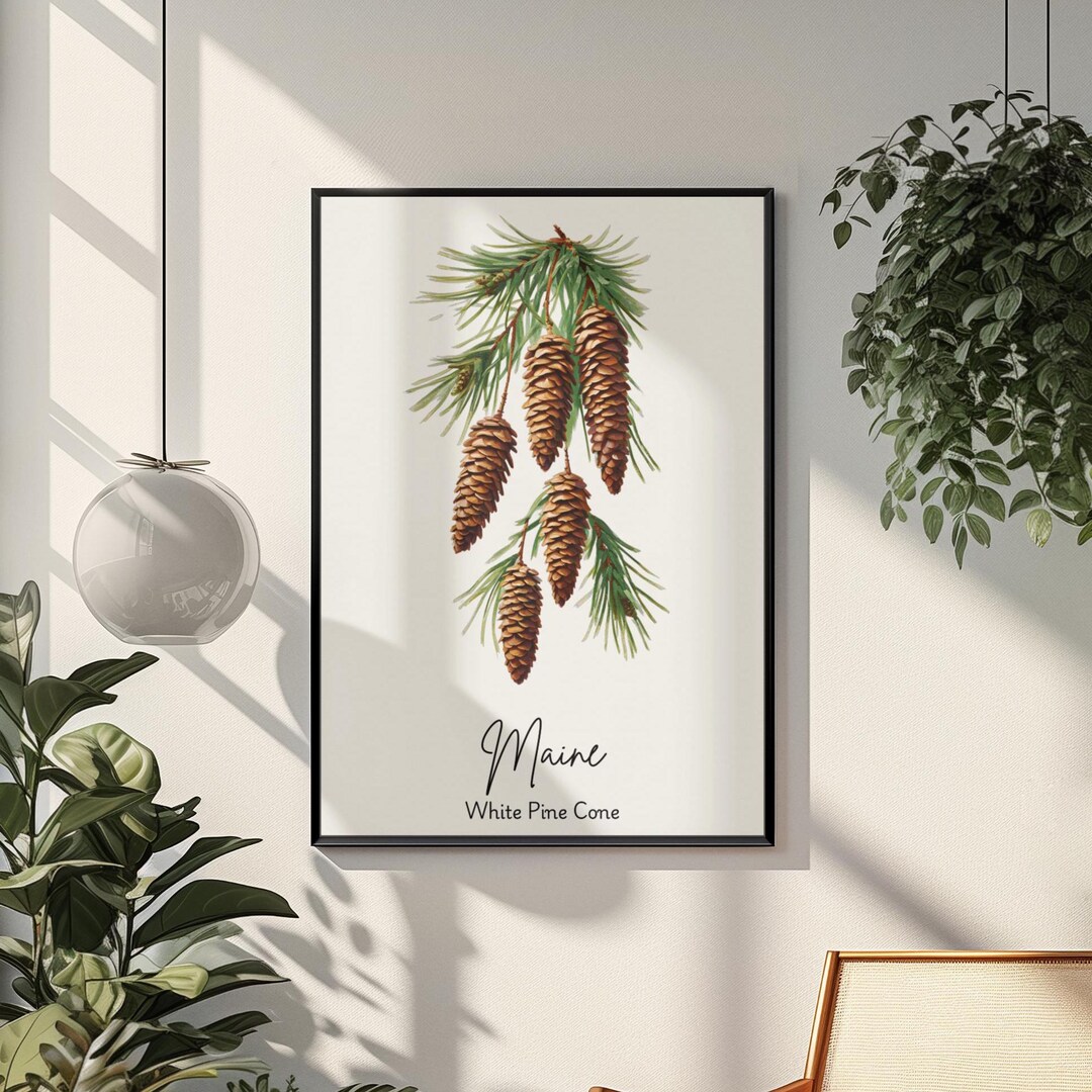 Maine State Flower Art Print, Elegant Botanical Art, Pine Cone Art, Oil ...