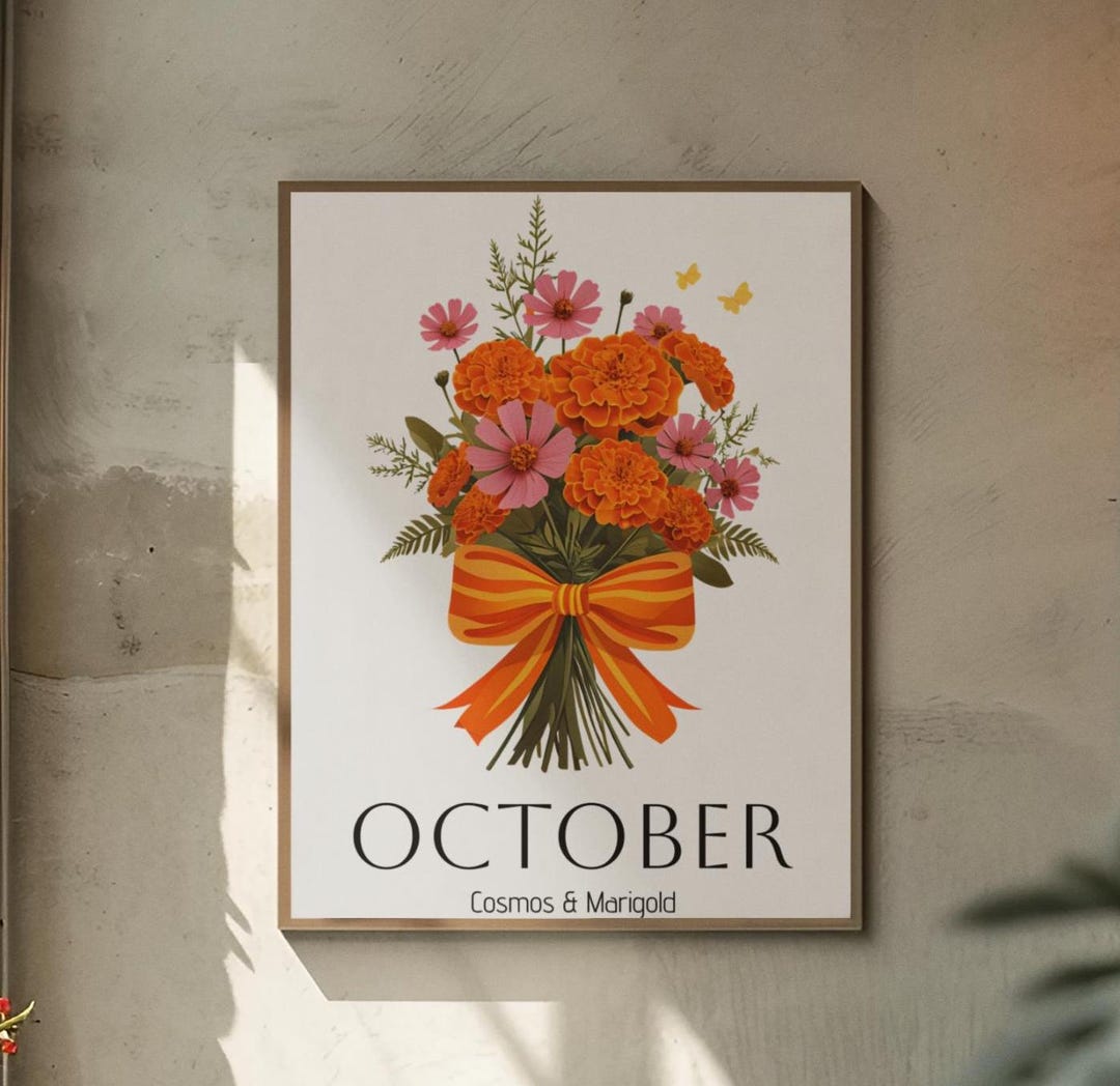 October Birth Month Flower Art Print | Cosmos & Marigold Bouquet ...