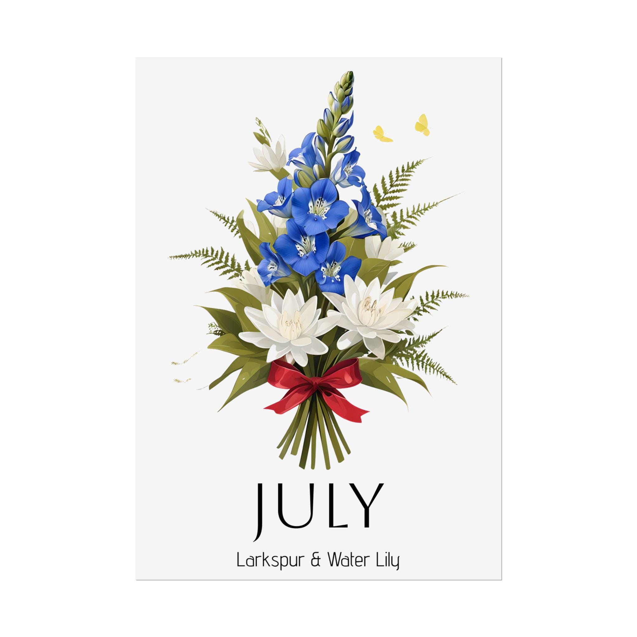 July Birth Month Flower Art Print | Larkspur & Water Lily Bouquet ...