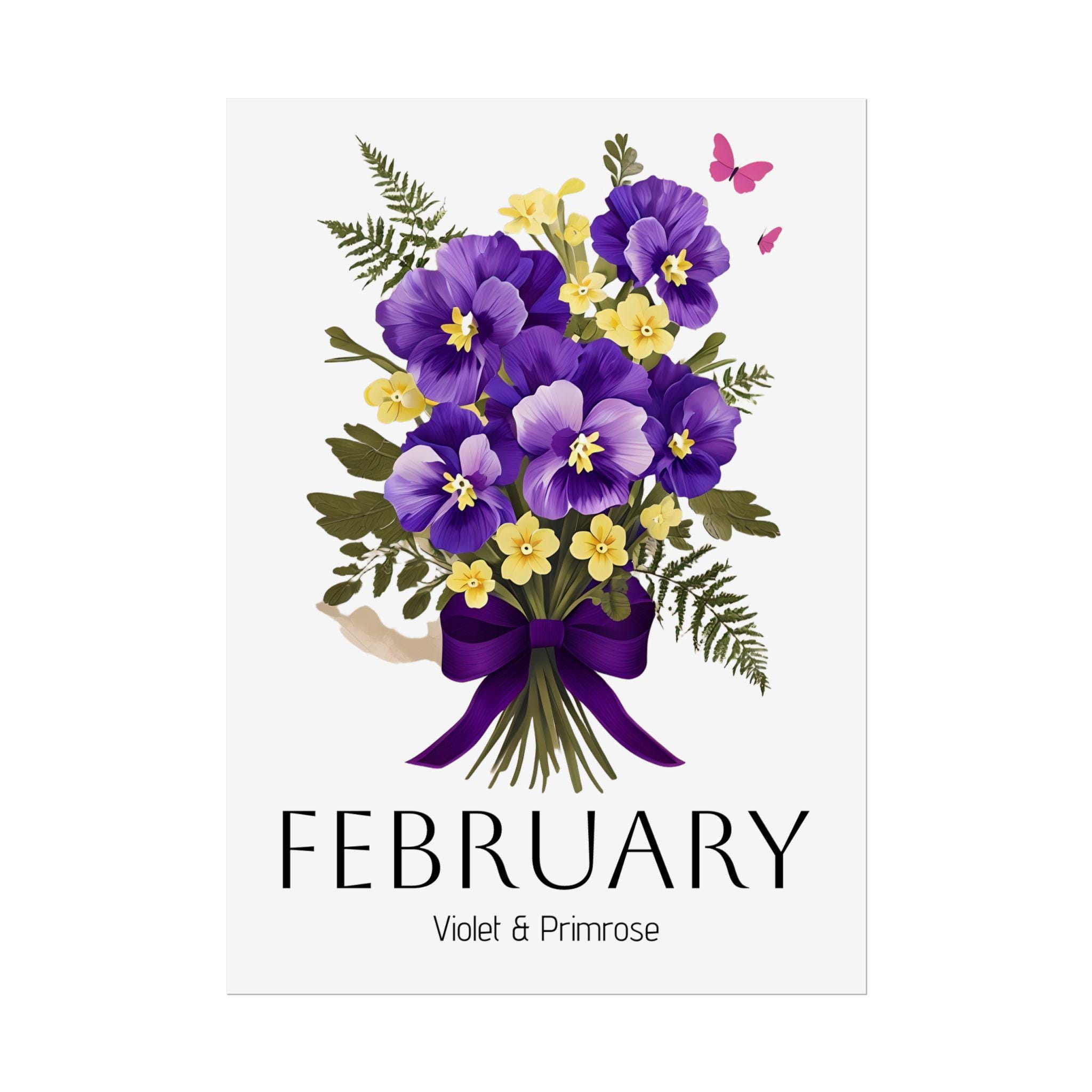 February Birth Month Flower Art Print | Violet & Primrose Bouquet ...