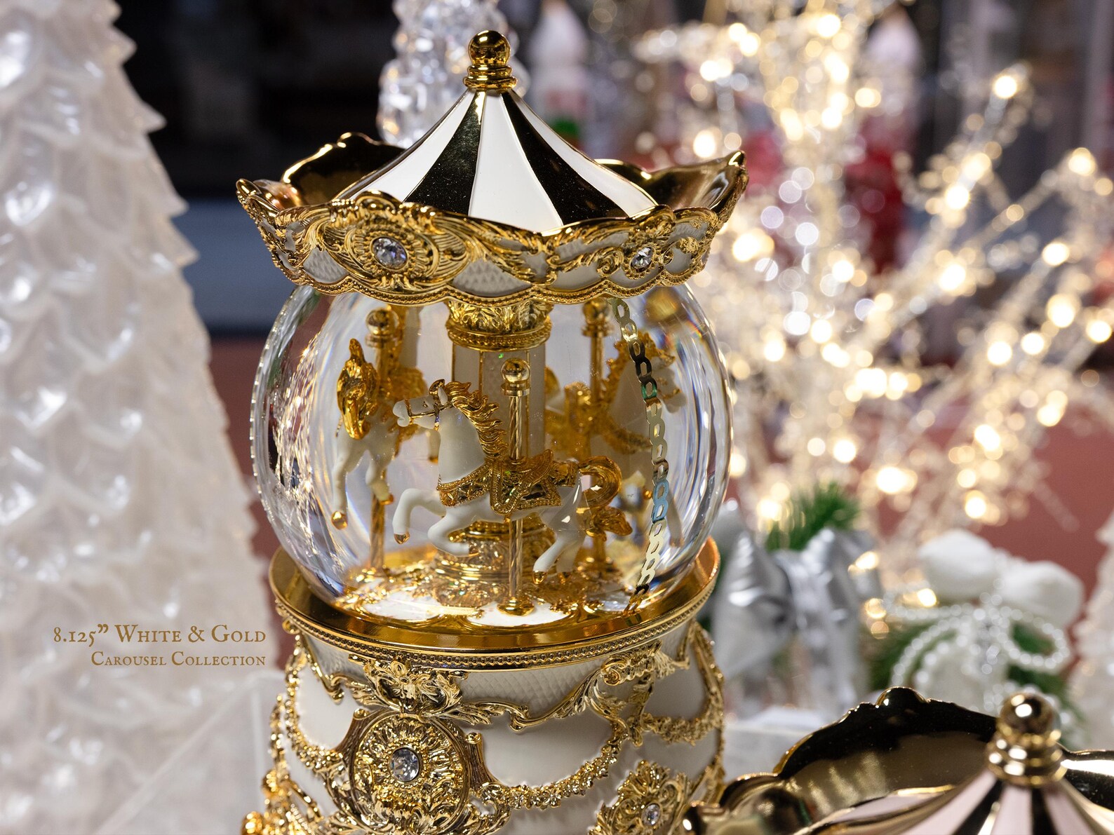 8.125” Crown Canopy Carousel Horse Glitter Globe Music Box | Baroque ...