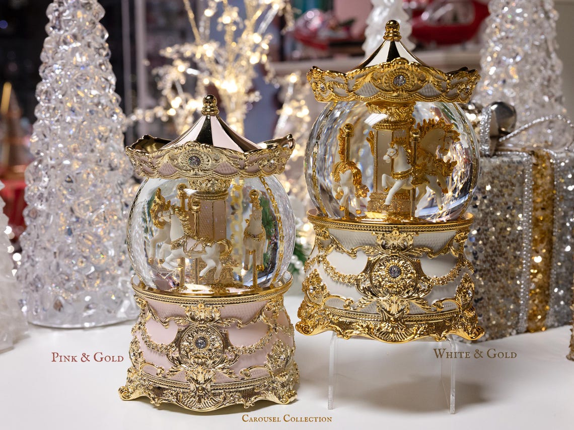 8.125” Crown Canopy Carousel Horse Glitter Globe Music Box | Baroque ...