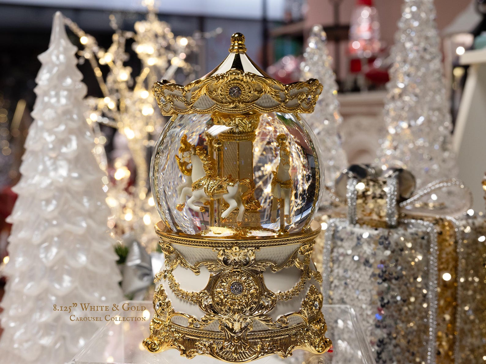 8.125” Crown Canopy Carousel Horse Glitter Globe Music Box | Baroque ...