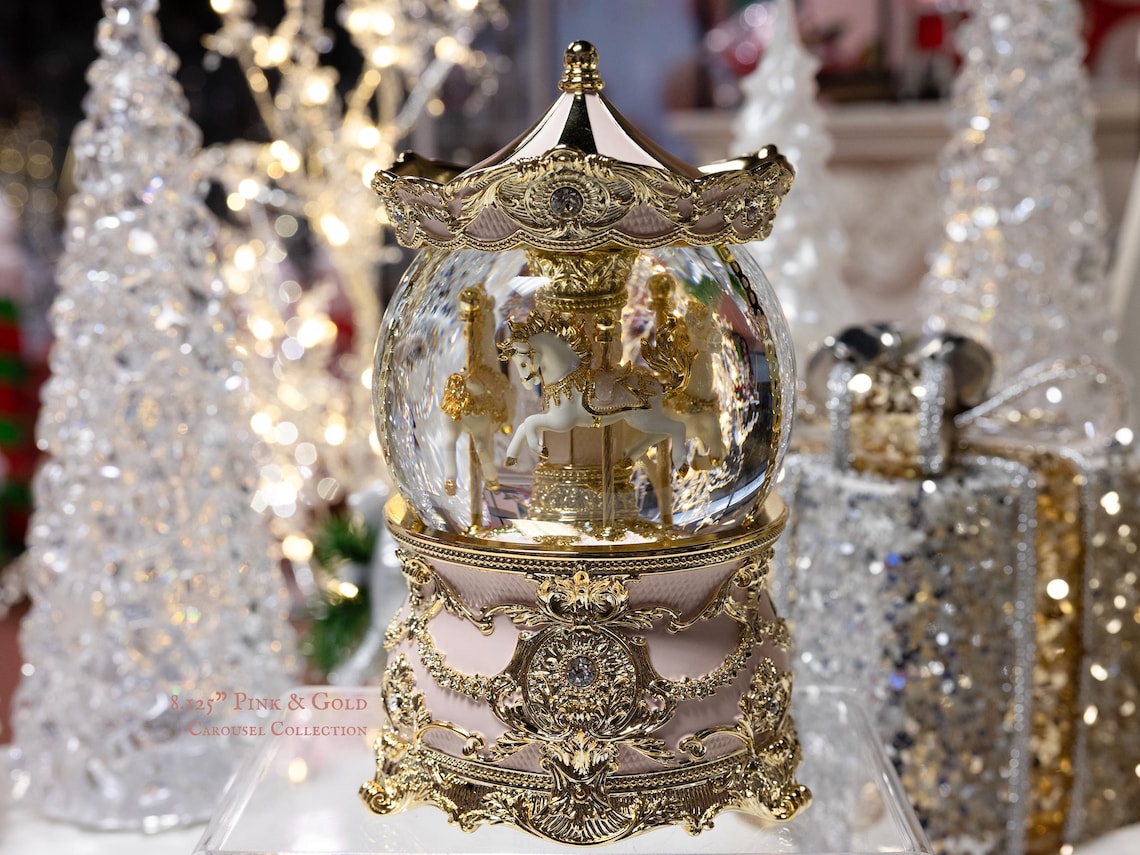 8.125” Crown Canopy Carousel Horse Glitter Globe Music Box | Baroque ...