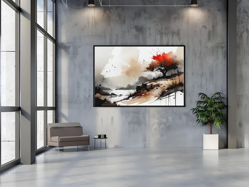 Watercolor Landscape Painting of a Tree by a River - Abstract ...