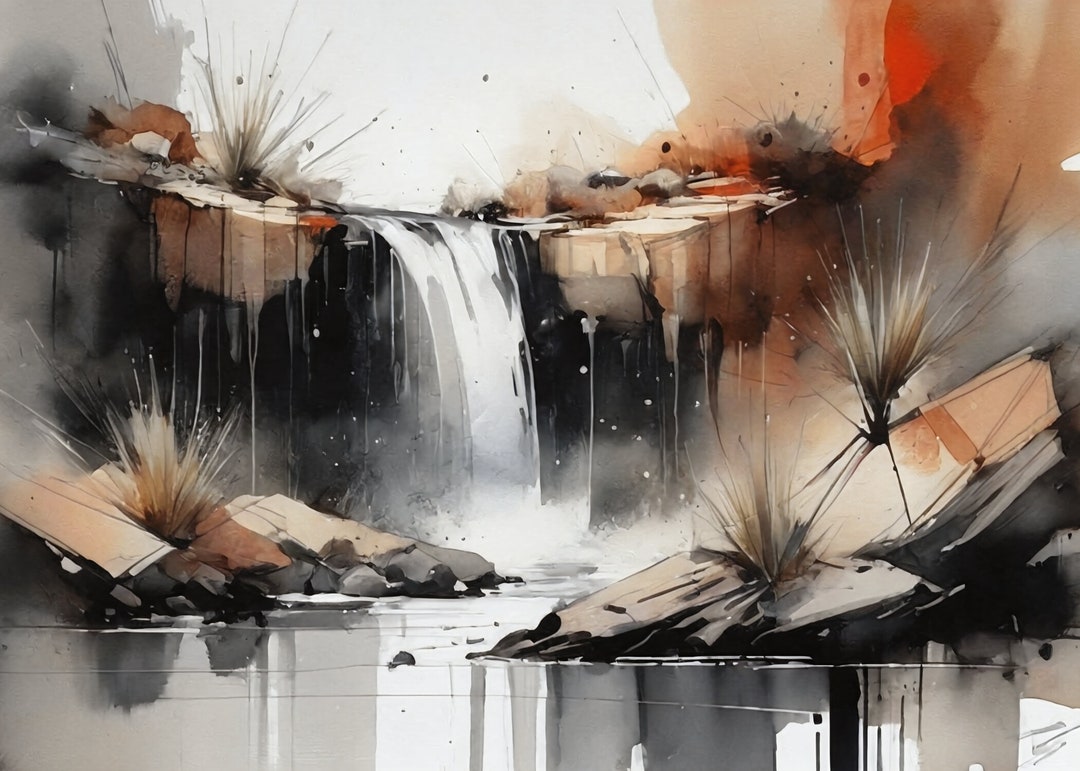 Watercolor Painting of a Lush Waterfall in a Mountainous Landscape ...