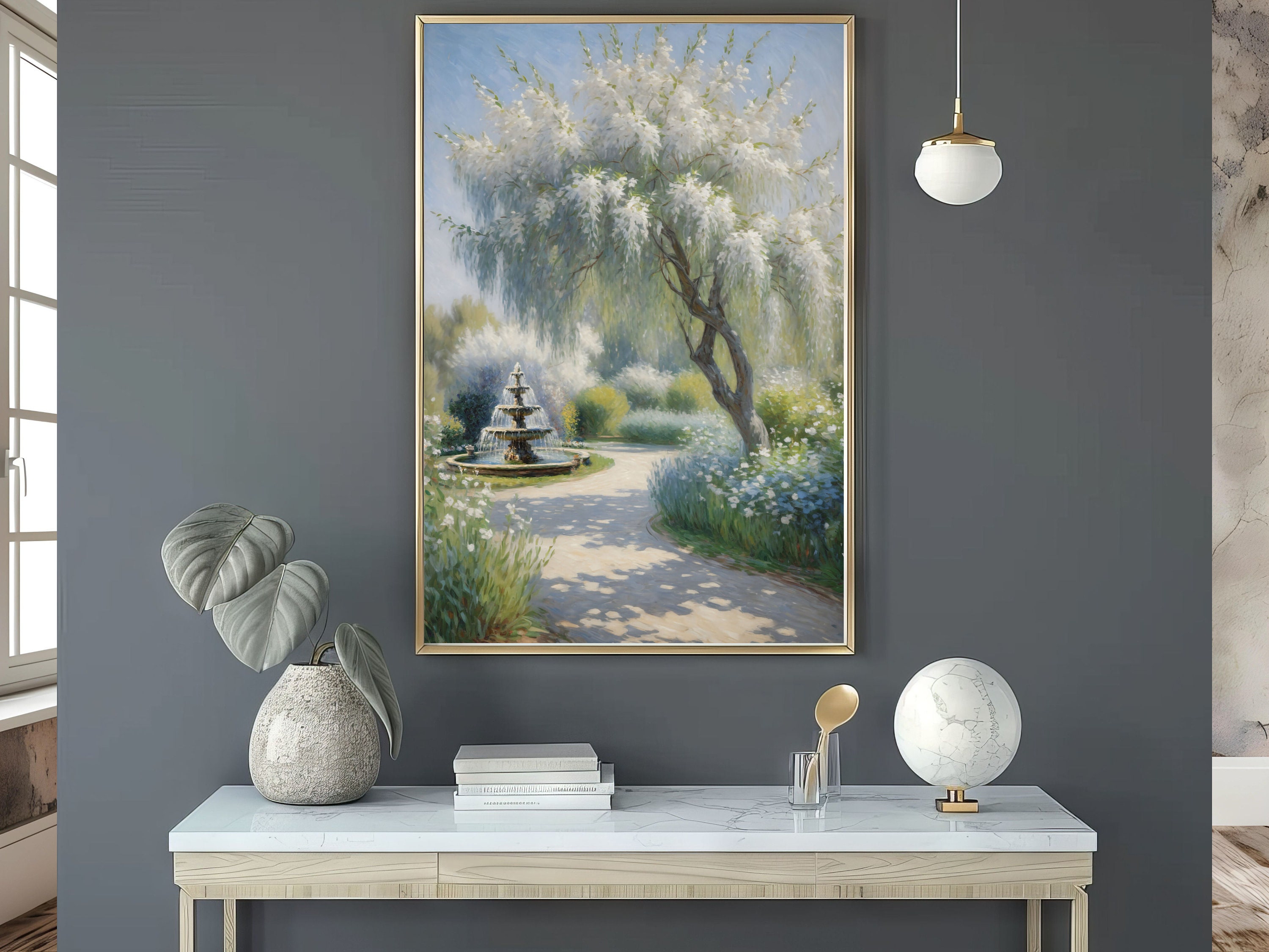 Weeping Willow Tree Overlooking a Walking Path Leading to a Fountain on ...