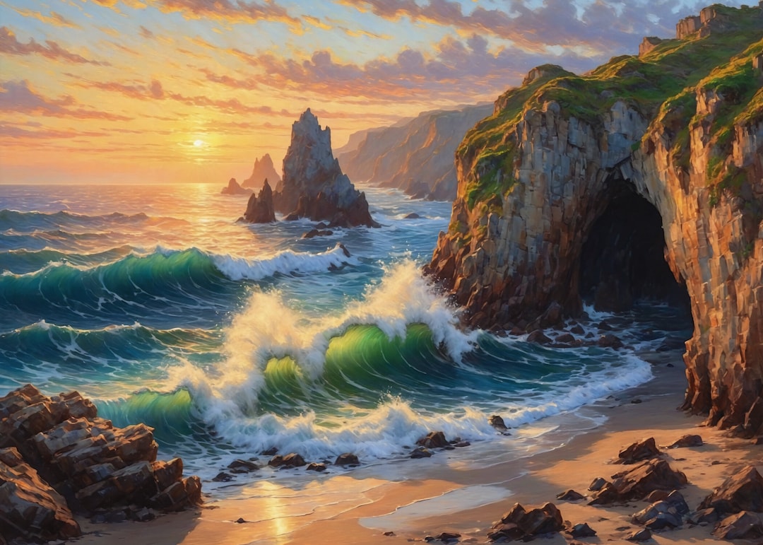 Sunset View of a Sea Cave at the Coast - Landscape Oil Painting - Art ...