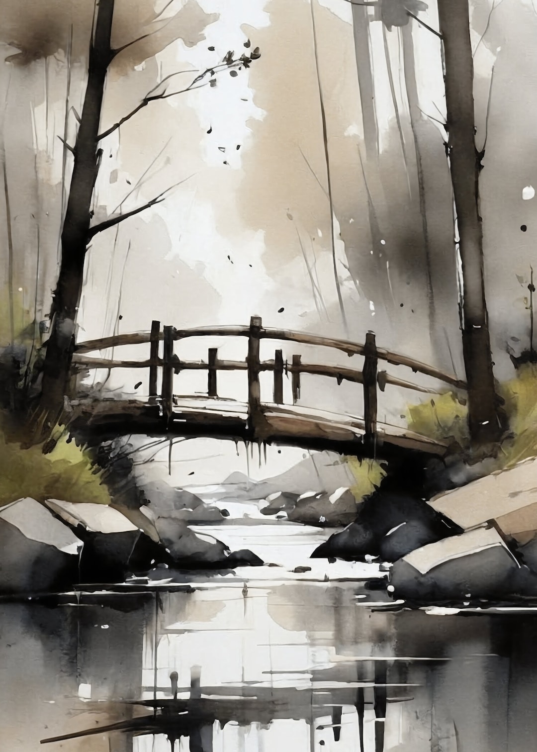 Watercolor Painting of a Wooden Bridge Over a Creek - Abstract ...